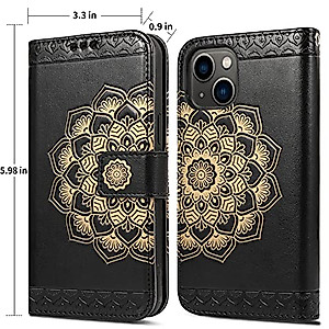 CASEOWL Compatible for iPhone 13 Wallet Case Magnetic Detachable-2 in 1 Mandala Embossed Flip Leather Wallet Case for Women Girls [RFID Blocking]with Card Holder, Hand Strap for iPhone 13 2021(Black)