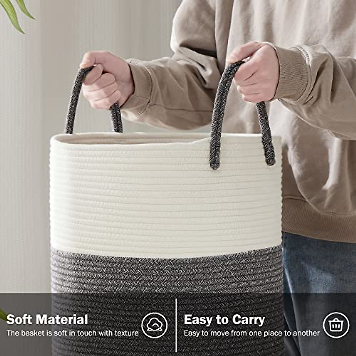 YOUDENOVA Cotton Rope Laundry Hamper Basket, 58L Tall Woven Collapsible Baskets for Blanket Organizing Clothes Hamper for Laundry Room Storage