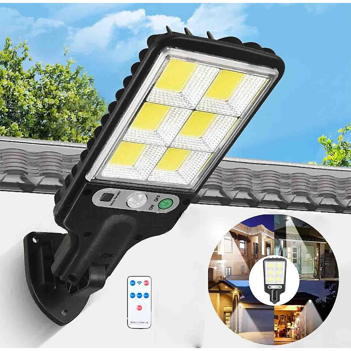 Solar Street Light Outdoor, Solar Street Light Parking Lot Lights Commercial Dusk to Dawn, 6500k IP65 Waterproof Led with Remote Control Motion for Street,Court,Tree