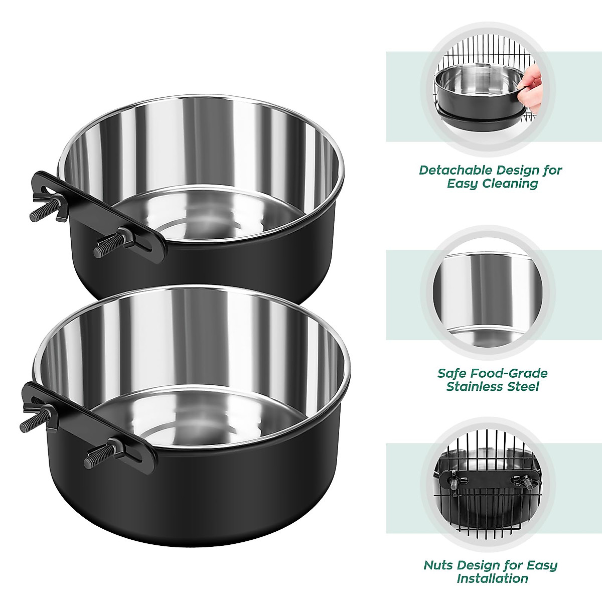 Dog Crate Water Bowl No Spill, 2 Pack Dog Crate Bowls Hanging, Kennel Water Food Bowls Mountable, Pet Cage Accessories Feeder Dish, Large Stainless Steel Coop Cup for Cat Puppy Bunny Guinea Pig Ferret