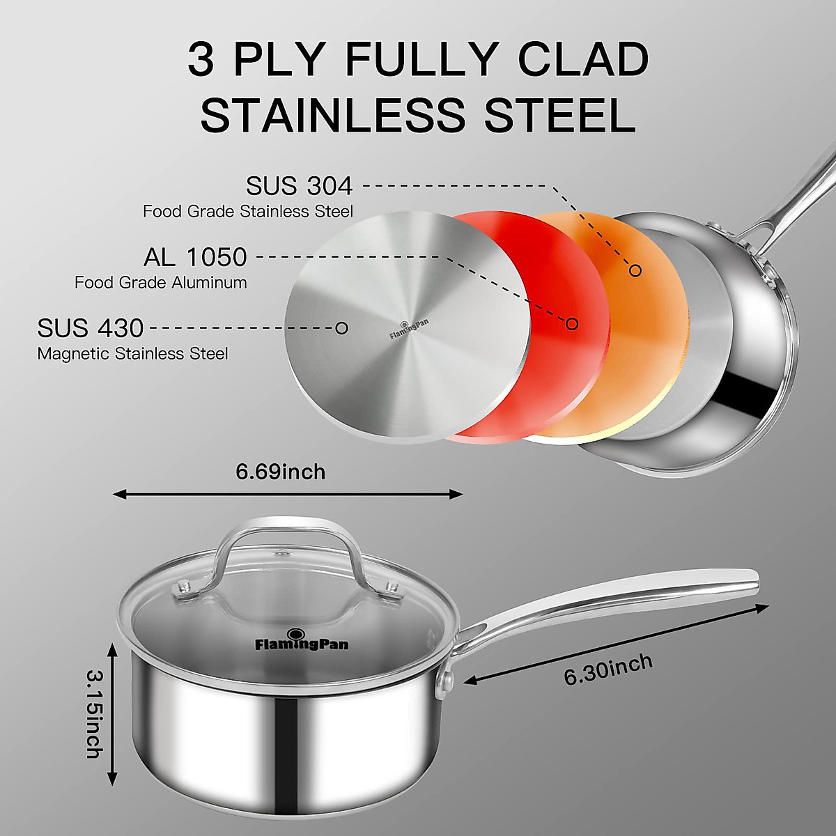 Flamingpan 1.5QT Stainless Steel Saucepan with Glass Lid, Small Pot for Cooking Soups, Sauces, Durable, Rust-Resistant & Non-discoloring Pot with Lid, Sauce Pan & Easy to Clean