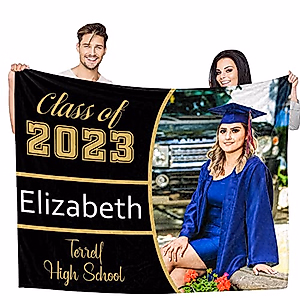 FunStudio Personalized Graduation Blankets with Photo Class of 2023 Seniors Custom Name Graduates Throw Blanket Made in USA Customized Graduation Gifts for Her Him Boys Girls Men Women