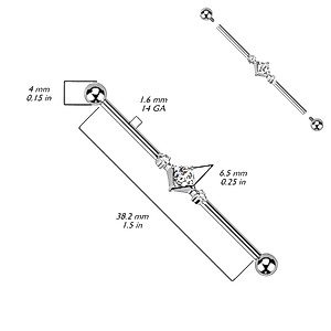 Pierced Owl 14GA G23 Implant Grade Titanium 2 Round CZ Crystals and Square Crystal Center Internally Threaded Industrial Barbell (Silver Tone)
