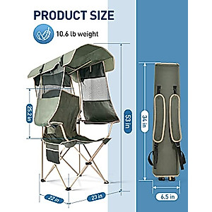Docusvect Folding Camping Chair with Shade Canopy for Adults, Canopy Chair for Outdoors Sports with Cup Holder, Side Pocket for Camp, Beach, Tailgates, Fishing - Support 330 LBS