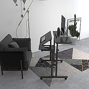 DlandHome Adjustable Rolling Desk Standing Desk, Sit-Stand Desk Cart Mobile Computer Desk Stand Up Desk Office Desk Riser Standing Table Workstation Mobile Desk, Black