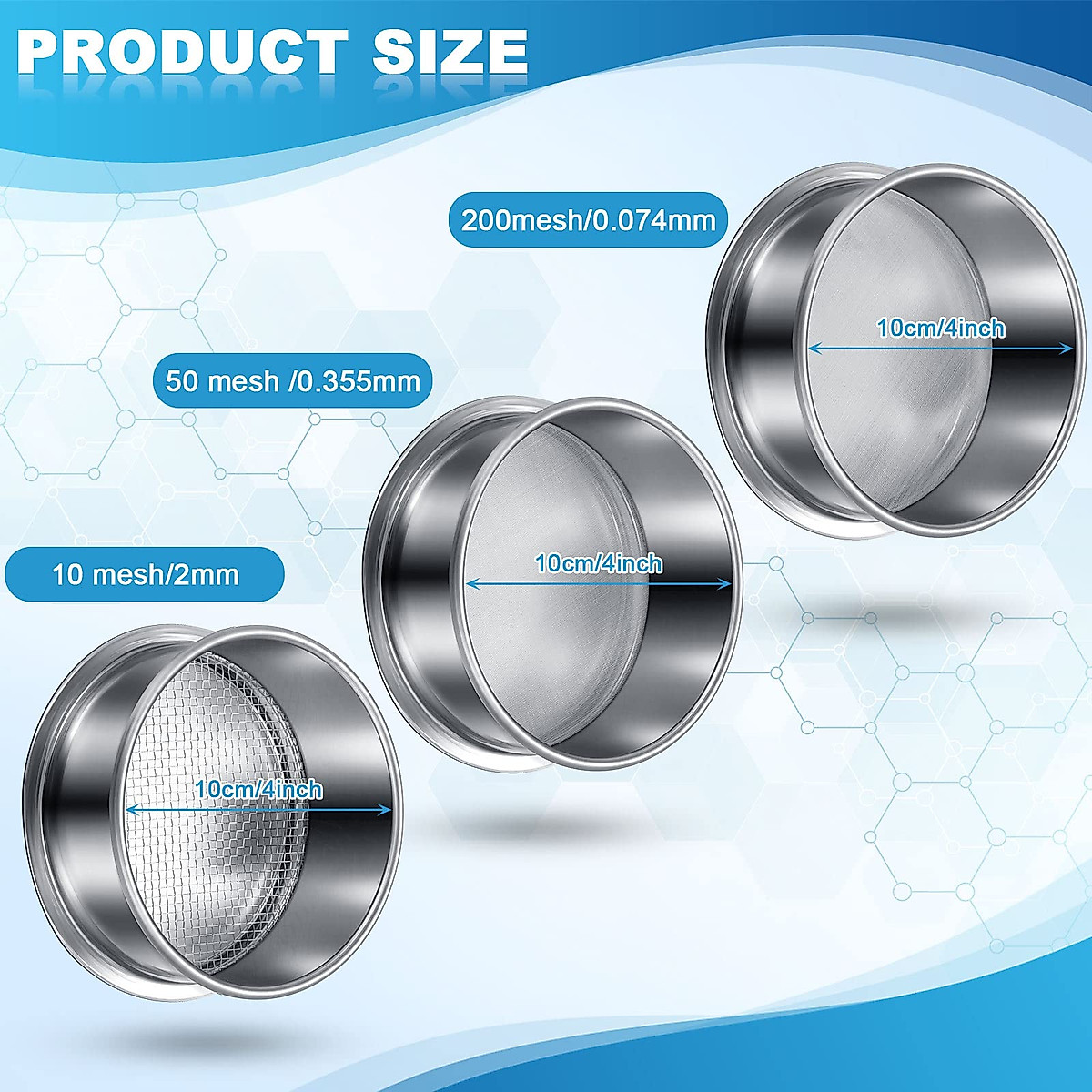 3 Pcs 304 Stainless Lab Sieves 4 Inch Diameter Test Sieve 200 Mesh 0.074 Mm, 50 Mesh 0.355 Mm, 10 Mesh 2 mm Aperture Mesh Sieve for Industrial Laboratory Sifting
