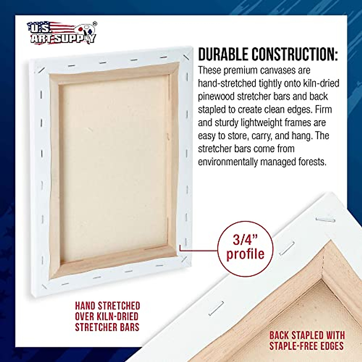 U.S. Art Supply 24 x 30 inch Stretched Canvas 12-Ounce Triple Primed, 6-Pack - Professional Artist Quality White Blank 3/4" Profile, 100% Cotton, Heavy-Weight Gesso - Acrylic Pouring, Oil Painting