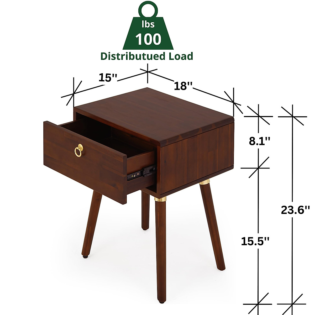 Bme Caden Solid Wood Nightstand/Side Table/End Table, Fully Assembled, with 1-Drawer for Mid Century Bedroom and Living Room, Walnut