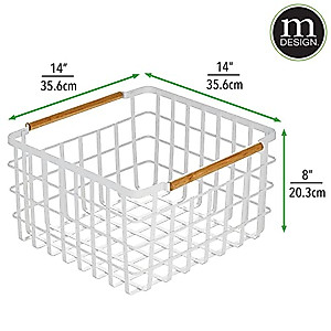 mDesign Metal Steel Wire Square Organizer Storage Basket w/Bamboo Handles for Closet, Shelves, Holds Linens, Blankets, Slippers, Scarves, Hats, Gloves - Yami Collection - 2 Pack - Matte White/Natural