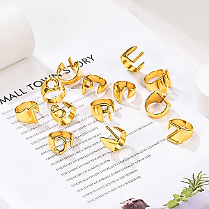 FOCALOOK Gold Initial Letter Open Ring Adjustable Women Statement Rings Party|Women Signet Ring|18K Gold Plated Bold Open Alphabet Rings|Letter A to Z (T)