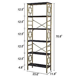 HOMISSUE Bookcase,6-Tier Tall Bookshelf Metal Bookcase and Bookshelves, Free Standing Storage Modern Bookshelf for Home Office Living Room and Bedroom, Black & Gold
