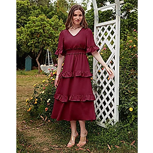 Aonour Womens 2023 Summer Wedding Casual Flutter Sleeves V Neck Flowy Cute High Waist Tiered Ruffle Midi Dress Baby Shower Amazon Modest Dresses ARC1002 Burgundy L
