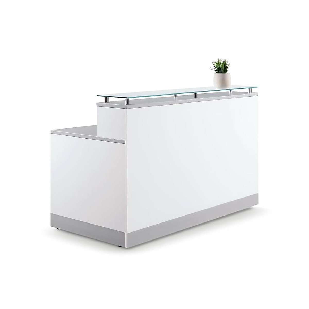 nbf signature series Esquire Glass Top Reception Desk - 63" W x 32" D White Laminate/Silver Laminate Desktop Kickplate and Accents/Glass Top