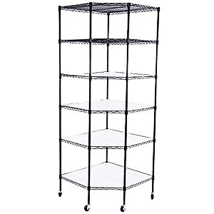 Wire Shelving 6 Tiers Polygonal Corner Shelf, Metal Storage Standing Rack with Wheels, Corner Wire Shelf for Kitchen, Garage and Living Room( US Shipping) (Black)