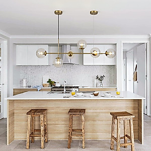 KCO Lighting Globe Linear Chandelier 6 Light Amber Glass Pendant Light Fixture Gold Kitchen Island Chandelier Lighting Long Brass Sputnik Chandelier Dining Room Ceiling Lights