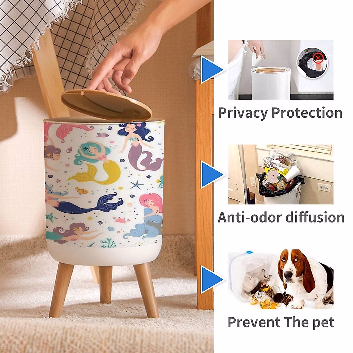 LOPYEIJFG Seamless Childish Cute Mermaids Creative Kids Texture for Fabric Trash Can with Lid Kitchen Bathroom Bedroom 1.8 Gallon Press Cover Wastebasket Office Wood Small Garbage Bin Waste Bin