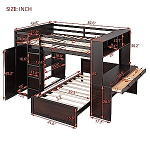 SOFTSEA Full Over Twin Bunk Bed with Desk, Full Size Loft Bed with Wardrobe and Storage, Wood Loft Bed with Stand-Alone Bed for Kids Teens (Espresso)