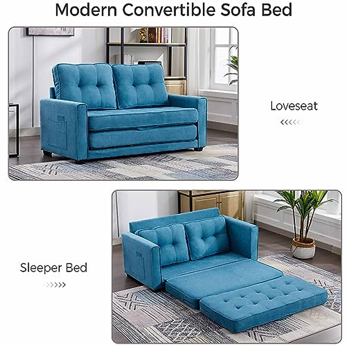 RIDFY Modern Convertible Sleeper Sofa Bed with Pull-Out Bed and Two Side Pockets, Chenille Loveseat Sleeper Sofa Couch for Living Room, Apartment, Office (Blue)