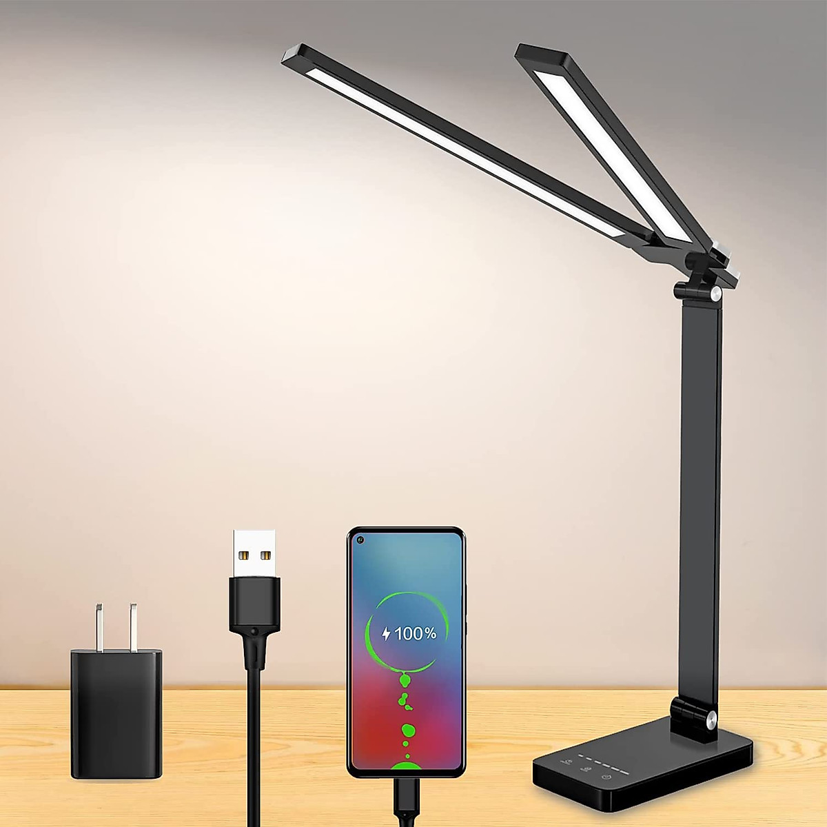 YUNSOVA LED Desk Lamp for Home Office, Double Head Desk Light, 5 Color Modes , 6 Brightness Levels, Touch Control, USB Charging Port, Auto Timer, Eye-Caring dimmable Table Lamp for Reading Study