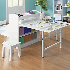 ijuicy Kids Art Table & Chair Set, Wooden Drawing Painting Craft Center, Wooden Activity Table & Chair Set with 6 Storage Boxes, Kids Craft Table for Boys, Girls (White)