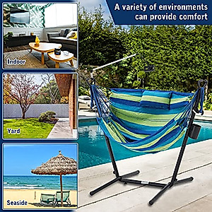 Hammock Chair with Stand Adjustable Swing Chair with Phone Stand Cup Holder Includes Double Hanging Chair Flow Bohemian Hand Indoor Outdoor Patio Garden Yard 420 lb Capacity (Blue-Green)