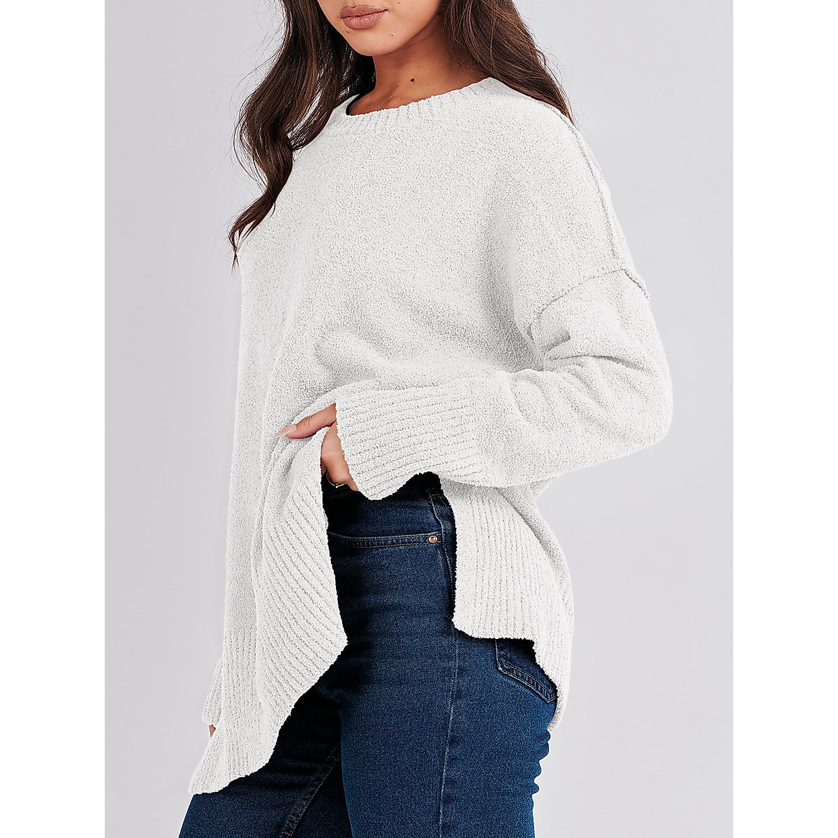 ANRABESS Women's 2024 Fall Oversized Long Sleeve Chunky Fuzzy Knit Casual Crewneck Warm Pullover Sweaters Top Trendy Outfits White