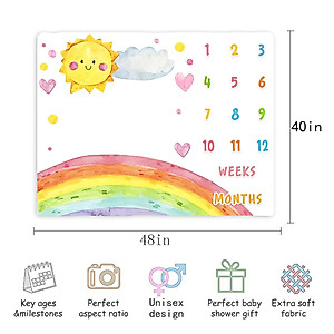 Cartoon Rainbow Baby Monthly Milestone Blanket, 48x40in Sun Cloud Heart Shape Colored Dots Blanket Hand Painted for Newborn Baby Shower,Baby Growth Chart Photography Blanket BTLSME96