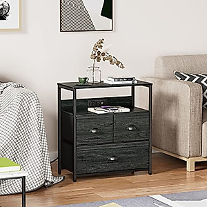 Furnulem Nightstand with Charging Station, Wide Bedside Tables with USB Ports & Power Outlets, 3 Drawer Side Table with Storage Shelf for Bedroom, Living Room, End Table, Black Oak