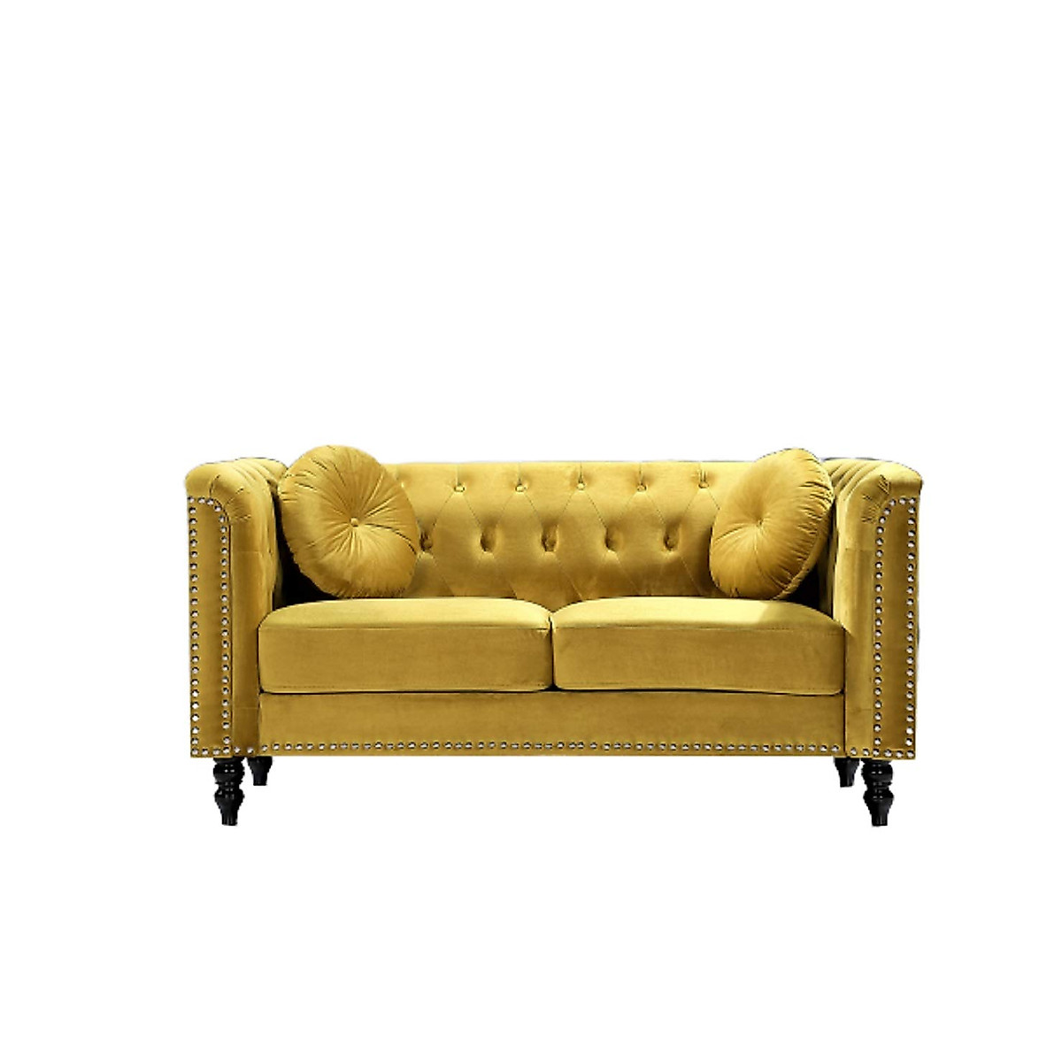 US Pride Furniture Modern Style Soft Elegant High Density Foam 64.17'' Wide Golden Yellow Velvet Rolled Arm Chesterfield Living Room Loveseat with Removable Cushion & Solid Wood Legs (S5608-5613)