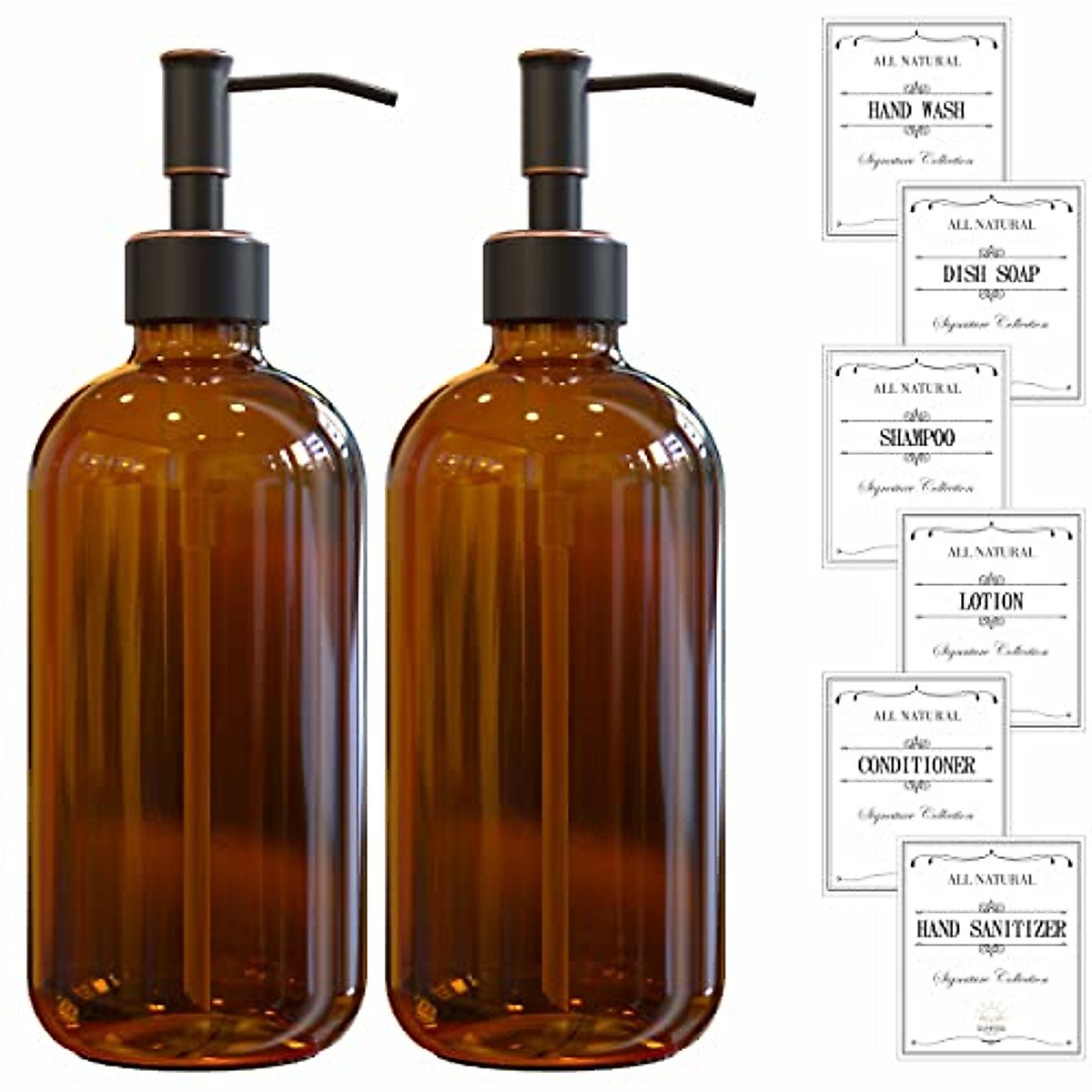 Sunrise Premium 2 Pack Amber Glass Soap Dispenser 16 OZ with Oil Rubbed Bronze Stainless Steel Pump, Hand and Dish Soap Dispenser Set for Bathroom and Kitchen Sink with 6 Waterproof Labels