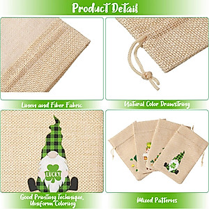 24 Pieces St. Patricks Linen Burlap Bag, St. Patricks Gnomes Burlap Gift Bags for Kids Party Supply, Irish Green Jute Drawstrings Candy Pouch, Lucky Shamrock Clovers Treat Bags with Different Designs