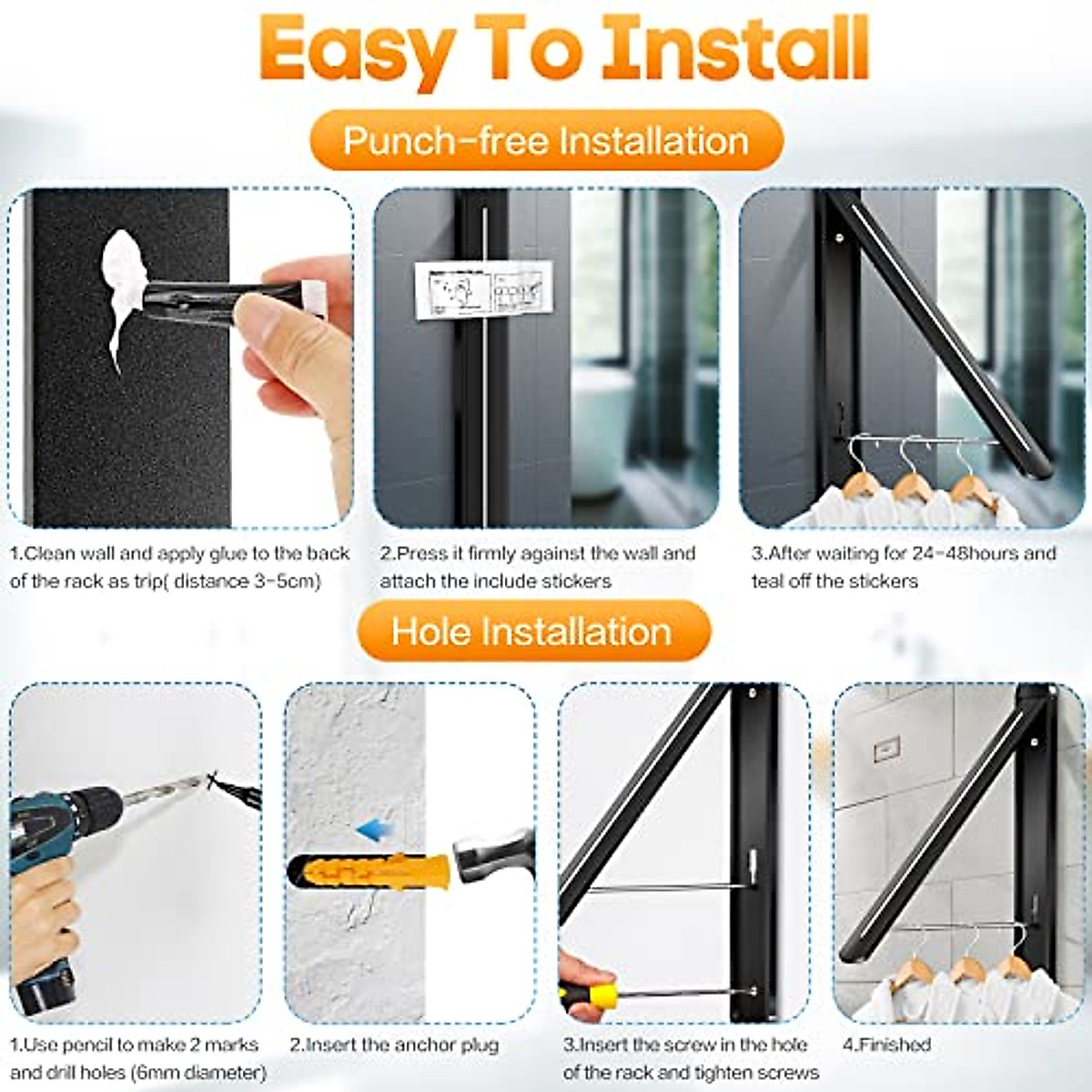 ENKUY Clothes Drying Rack Folding, Laundry Clothes Hanging Rack, Wall Mounted Retractable Clothing Dryer Hanger for Laundry Room Organization, Bathroom, Garage, Indoor and Outdoor (Black)