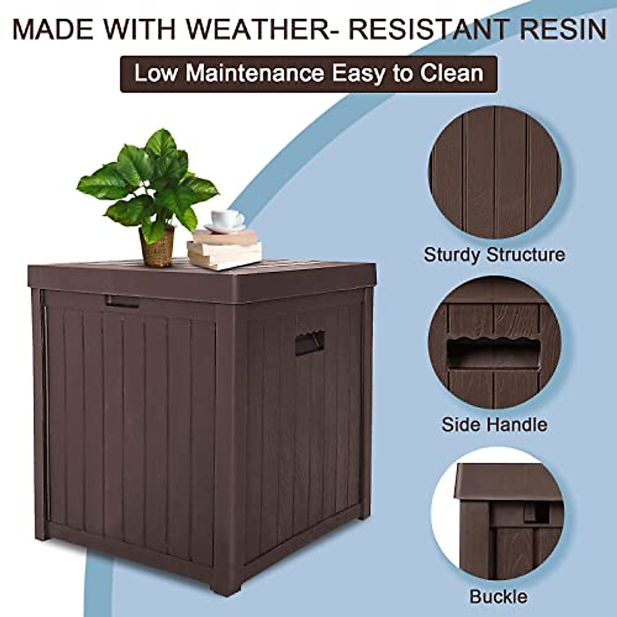 Omelaza 51 Gallon Outdoor Deck Storage Box, Resin Multi-purpose Storage Bins with Lid, Indoor/Outdoor Storage Container, Ideal for Patio Furniture, Pool Accessories, Toys, Gardening Tools - Brown
