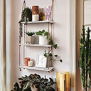 Labcosi 3 Tier Rope Wall Hanging Floating Shelves, Rustic White Wall Shelf, Swing Wood Farmhouse Decor Living Room, Bathroom, Bedroom, and Outdoor