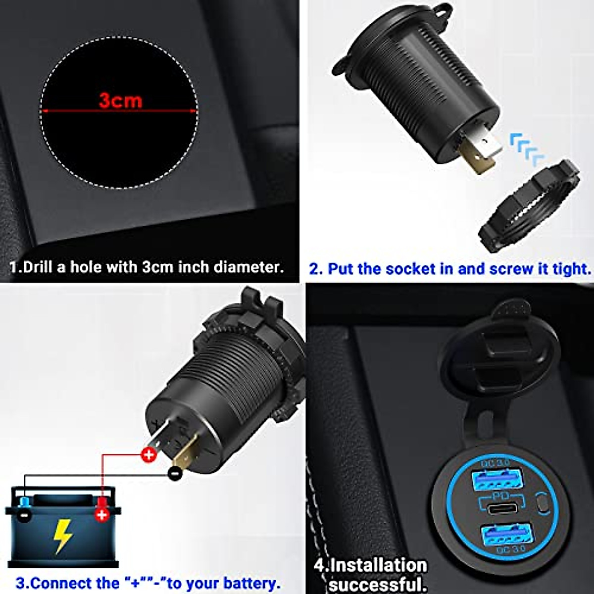 Newest 12V USB Outlet Ouffun 56W 12V USB C Car Charger Socket 20W PD USB-C & Dual 18W QC3.0 Car USB Port 12V Socket with Power Switch Waterproof DIY Outlet for Car Boat RV Marine Motorcycle Golf Cart