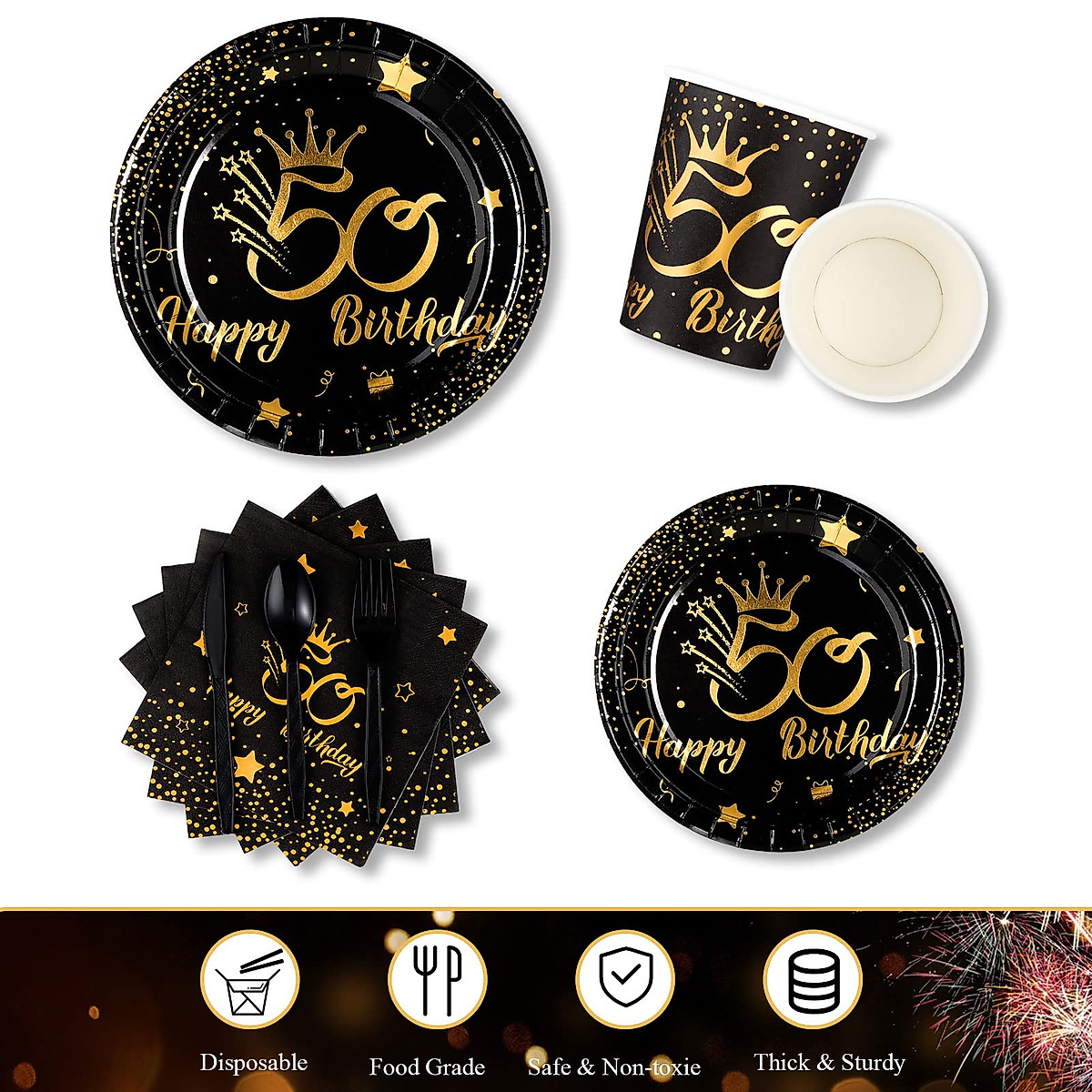 TaoBary 170 Pieces 50th Birthday Party Supplies Disposable Dinnerware Set with Plates Napkins Cups Banner 50th Birthday Tablecloth Black and Gold Party Decoration for Men and Women, Serves 24