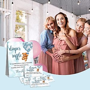 Diaper Raffle for Shower, Blue Balloon Bear Cards, 1 Sign & 50 Guess Cards Kit, Party Favors, Decorations, for Shower Reveal Gender Game to Bring a Pack of Diapers - DIAPER-b007