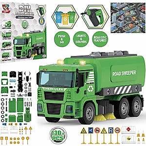 Street Sweeper Toy - 130 Pcs Friction Power STEM Take Apart Toys with Drill, Push & Go Lights & Sounds for Kids - Sanitation Trash Construction Vehicle Playset for Boys Ages 4 5 6 7 8 Years Old