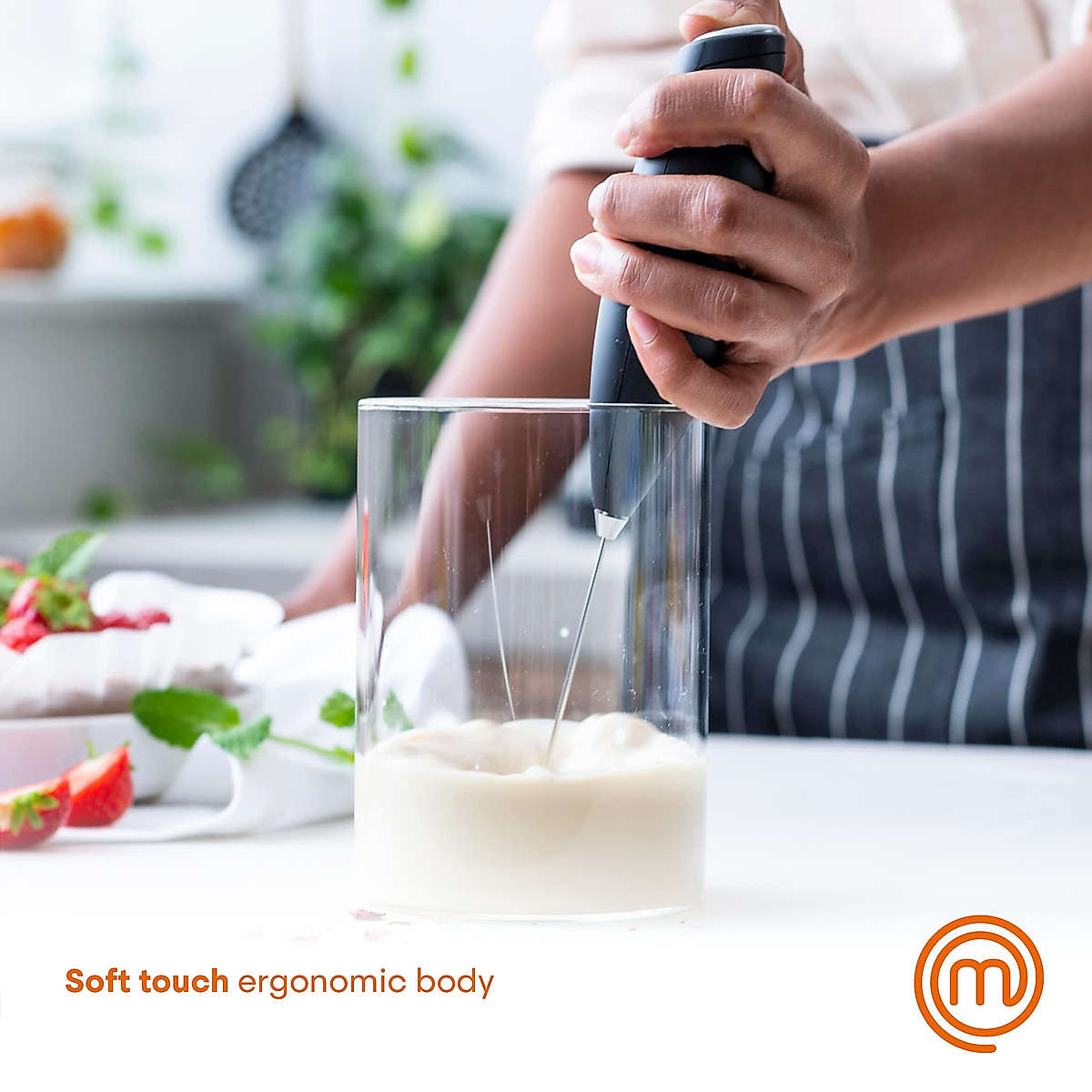 MasterChef Milk Frother for Coffee, Handheld Electric Matcha Whisk, Mini Stainless Steel Frothing Wand for Cappuccino & Latte, Portable Hand Held Drink Foamer with Soft Touch Handle, Battery Powered