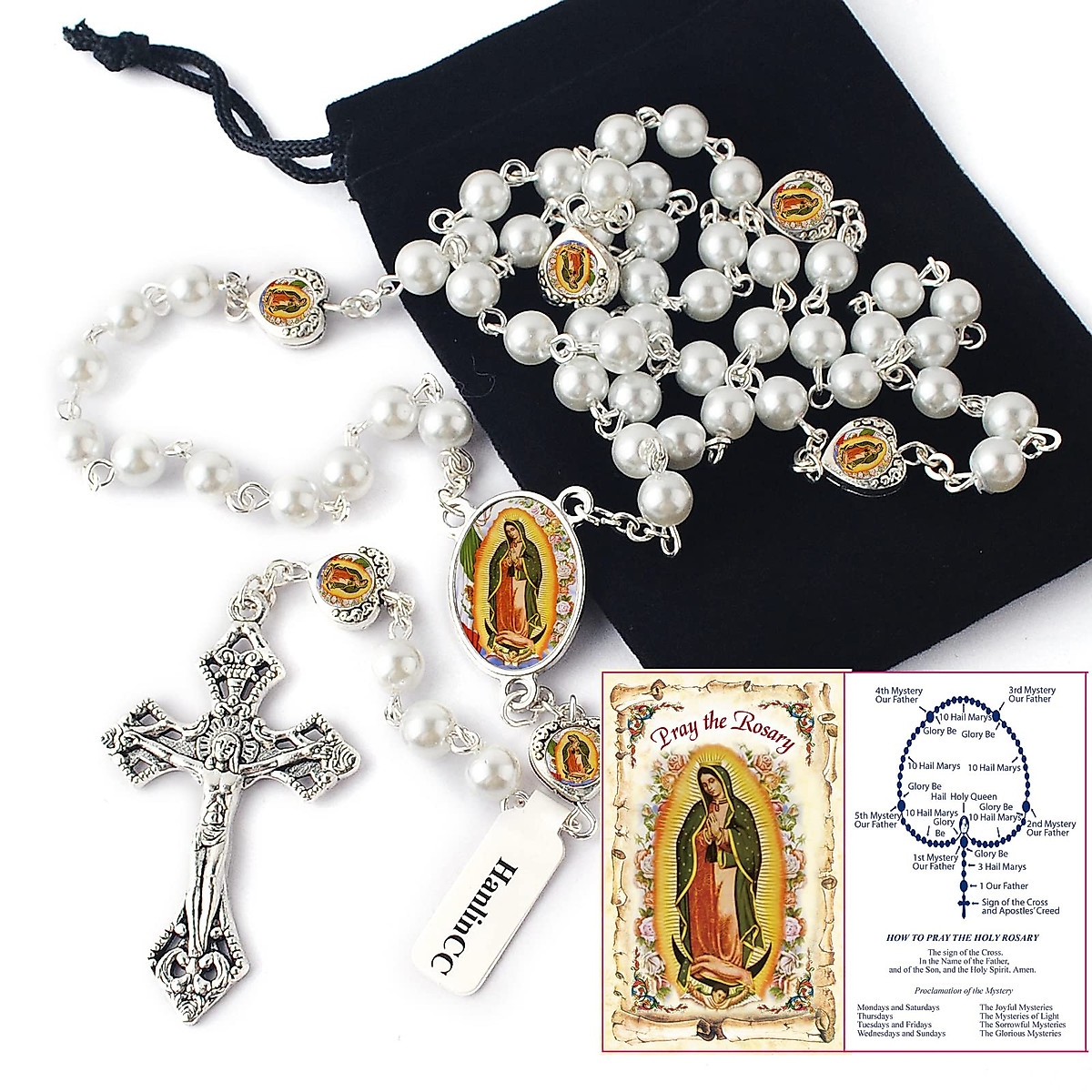 HanlinCC Glass Pearl Beads Our Lady of Guadalupe Epoxy Heart Metal Beads Rosary Necklace pack in Velvet Bag with Pray Card (White)