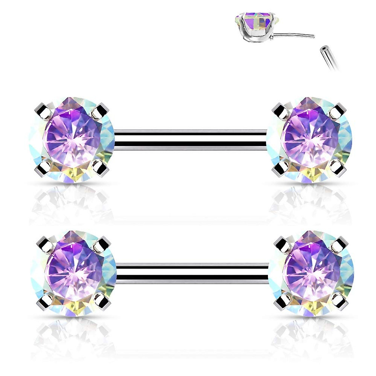 Pierced Owl 14G Stainless Steel Threadless Push-in Prong Set Crystal Nipple Rings, Sold as a Pair (Silver Tone/Aurora Borealis)