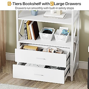 Tribesigns Bookshelf with Drawers, 70.8" Industrial Bookcase with 2 Drawers, 5 Shelf Open Shelf for Storage, Wood Book Shelf for Living Room, Bedroom, Home, Office (1, White)