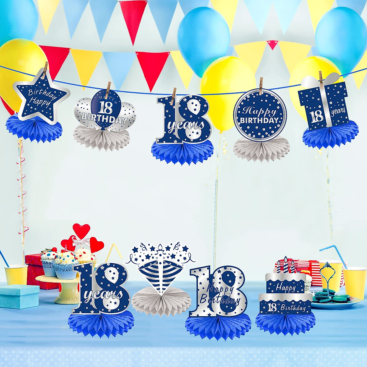 Kauayurk 8Pcs 18th Birthday Decorations Table Centerpiece Party Supplies, Blue Silver Happy 18 Year Old Birthday Honeycomb Centerpieces, Eighteen Birthday Table Topper Decor