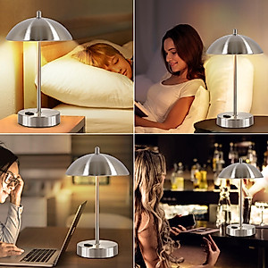 Modern Desk Lamp with AC Adapter,12" 3-Way Dimmable Touch Bedside Reading Lamp, Minimalist Silver Small Nightstand Table Lamp with Mushroom Dome Shade for Bedroom Living Room Office, LED Bulb Included