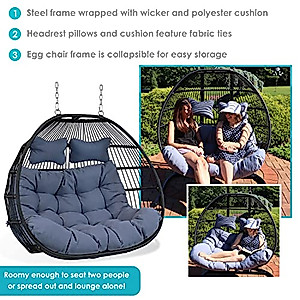 Sunnydaze Liza Loveseat Egg Chair with Cushions - Comfy Bohemian-Style Decorative Outdoor Living Collapsible Chair - Gray Polyester Cushions with Black Wicker Rattan Frame - 43 Inches Tall