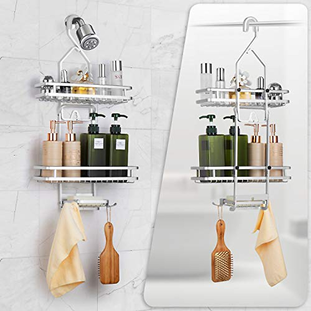 Auledio 3-Tier Shower Caddy, Adjustable Bathroom Hanging Shower Organizer Storage with Sorters Basket and Hooks , Fits Shampoo, Conditioner, Towels , Soap and More