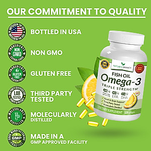 Best Triple Strength Omega 3 Fish Oil Pills 2400mg | 120 Capsules | Burpless High Potency Lemon Flavor | 864mg EPA 576mg DHA Ultra Pure Liquid Softgels | Brain Joints Eyes Hair Heart Health Supplement