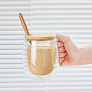 Mugs 12 oz Glass Espresso Cup with Lids Spoon - Double Wall Insulated Clear Coffee Mugs With Handle & Suspended Base Design - Thick Expresso Coffee Cups For Americano, Lattes, Tea (Set of 2,Gift Box)
