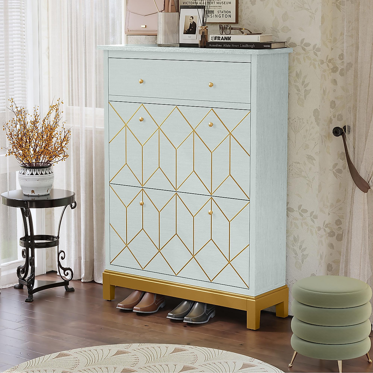 HLR Space Saving Hidden Shoe Cabinet with 2 Flip Doors 1 Drawer, Entryway Shoe Storage Cabinet, Narrow Shoe Rack Cabinet, Freestanding Hidden Shoe Rack Storage Organizer, Green with Gold Legs