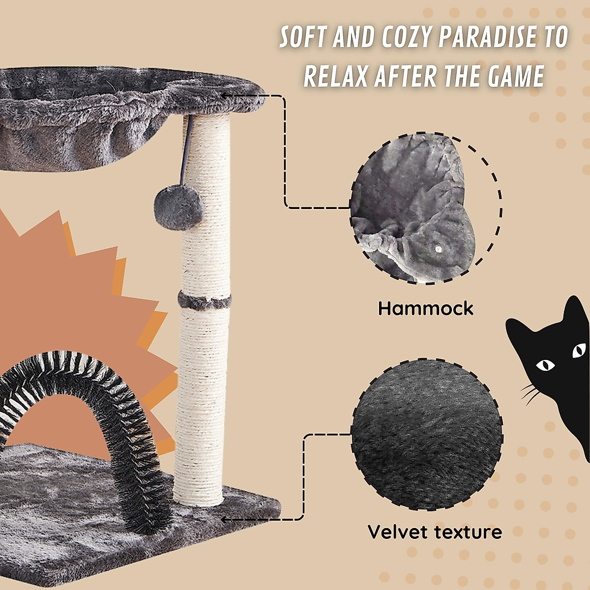 POLIPETS 19” Tall Cat Tower with Hammock,Sisal Scratching Posts and Pets Self Groomer Massager, Soft Hanging Basket Perch Hammock,Indoors Cat Furniture 16x15”, Gray